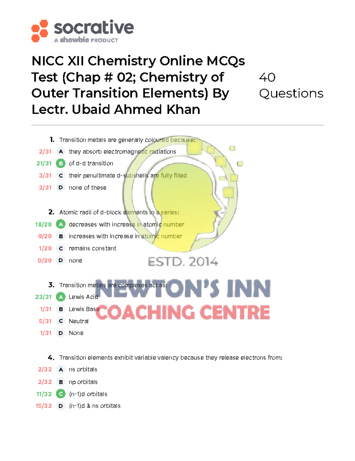 XII Chemistry Online MCQs Test (Chap # 02) Answer Key by Ubaid Ahmed ...