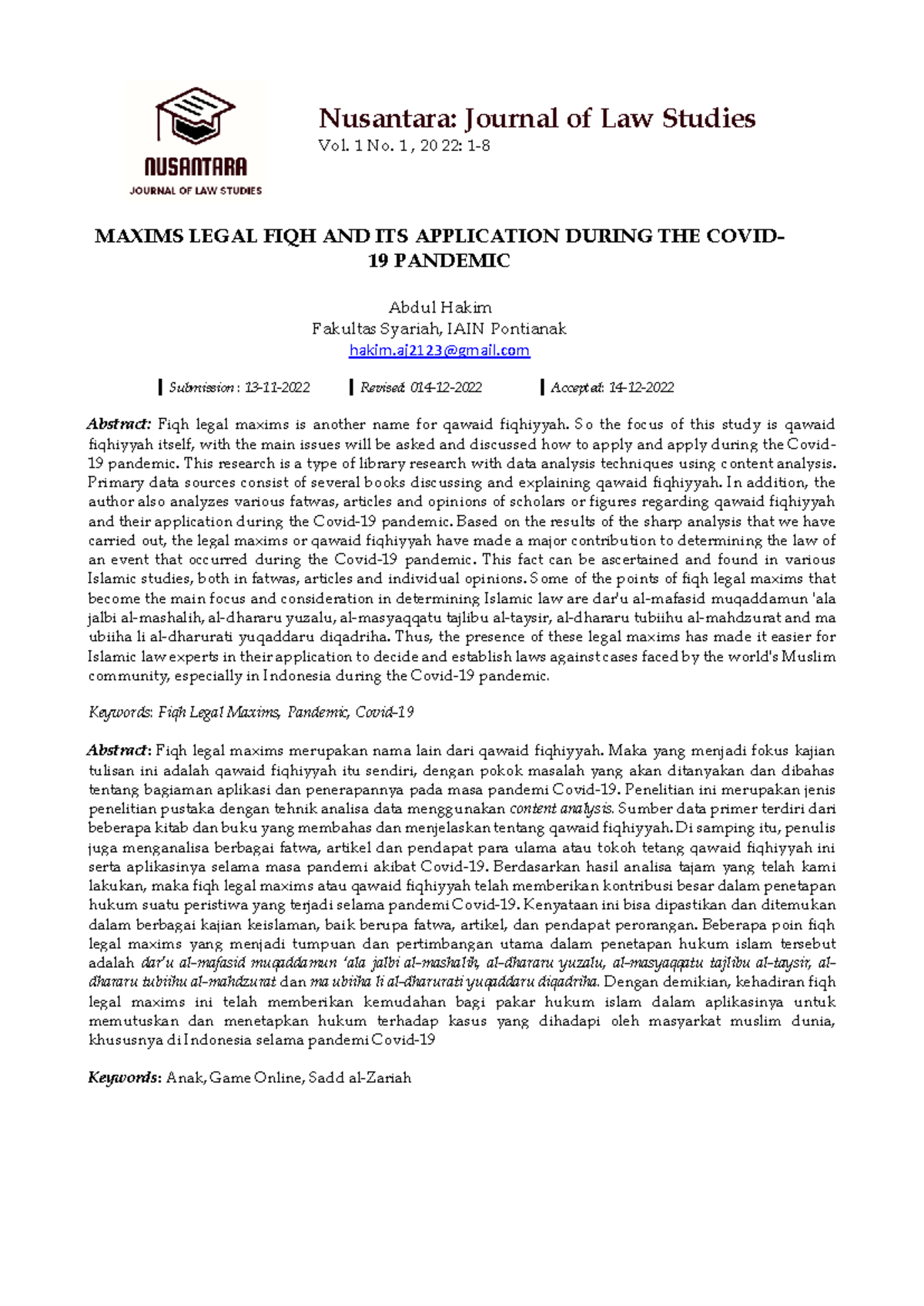 Nusantara: Journal of Law Studies Vol. 1 No. 1 (2022) - Legal Maxims in ...