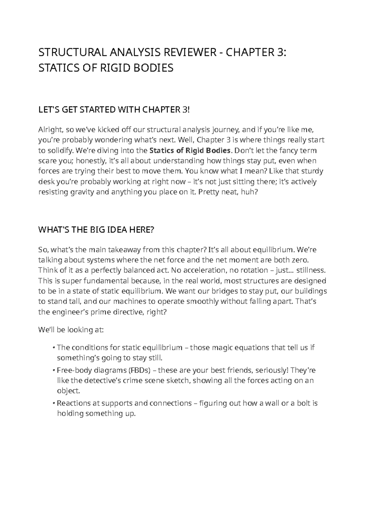 Structural Analysis (ENG 101) Chapter 3: Statics of Rigid Bodies Review - Studocu
