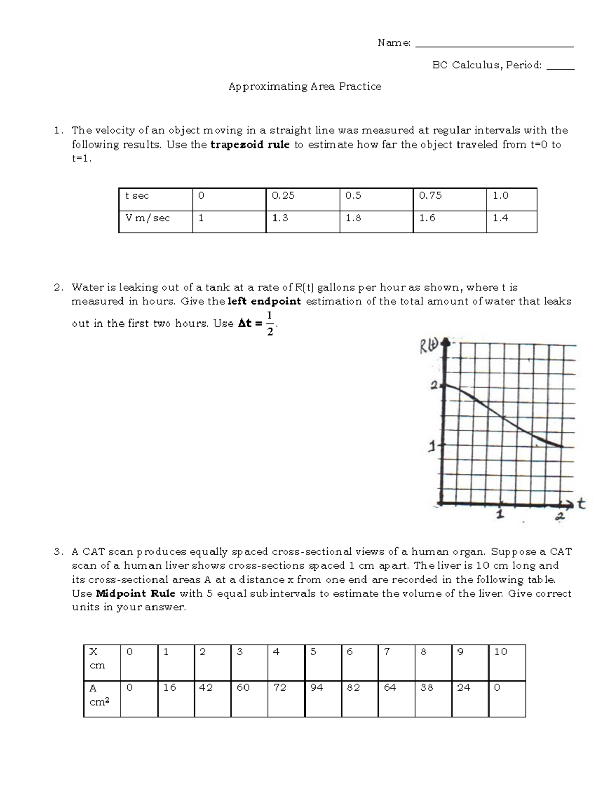 BC Calculus - Approximating Area Practice Exercises - Studocu