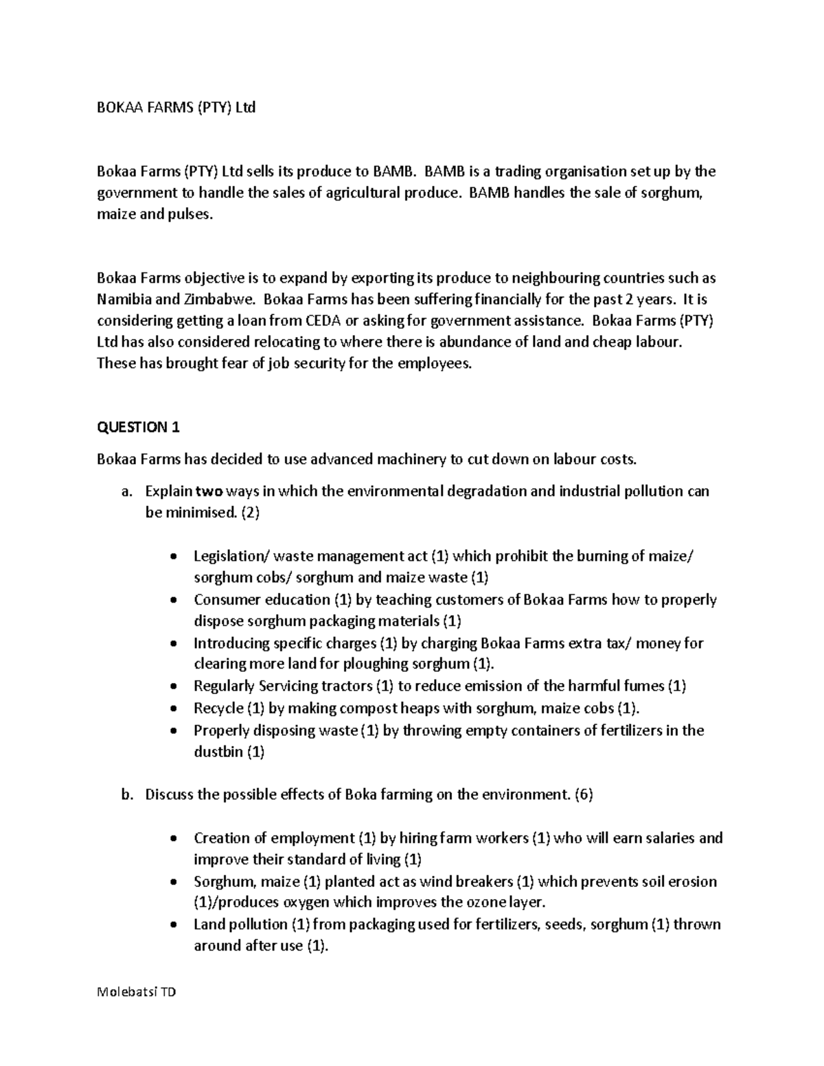 Business Studies BOKAA FARMS (PTY) Ltd Case Study - Feb 2021 - Studocu