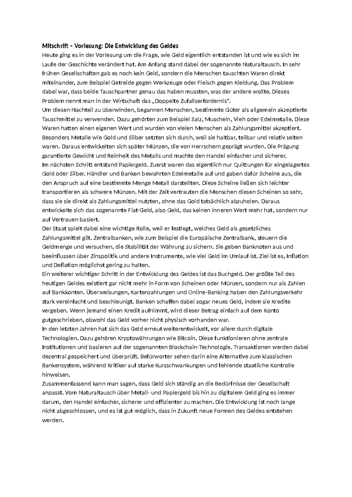 Mitschrift Vorlesung: Die Entwicklung des Geldes (Wirtschaft 101) - Studocu