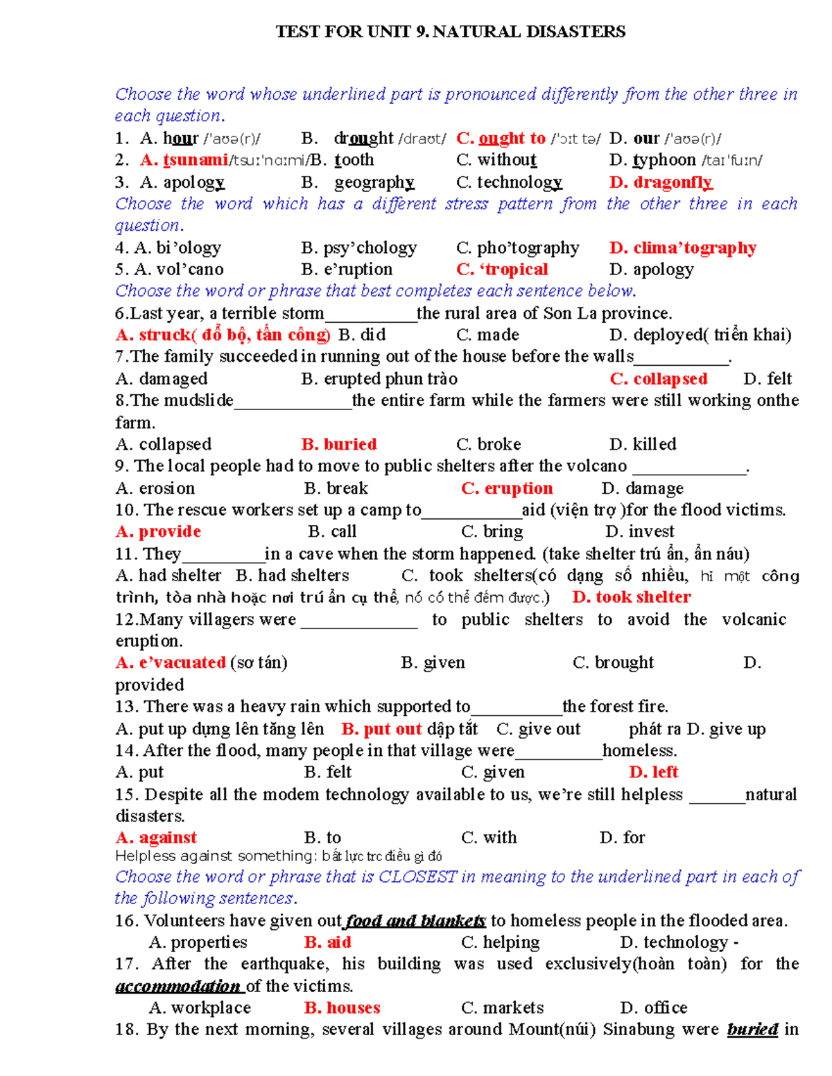 GB8-UNIT 9: Natural Disasters Test Key and Answers - Studocu