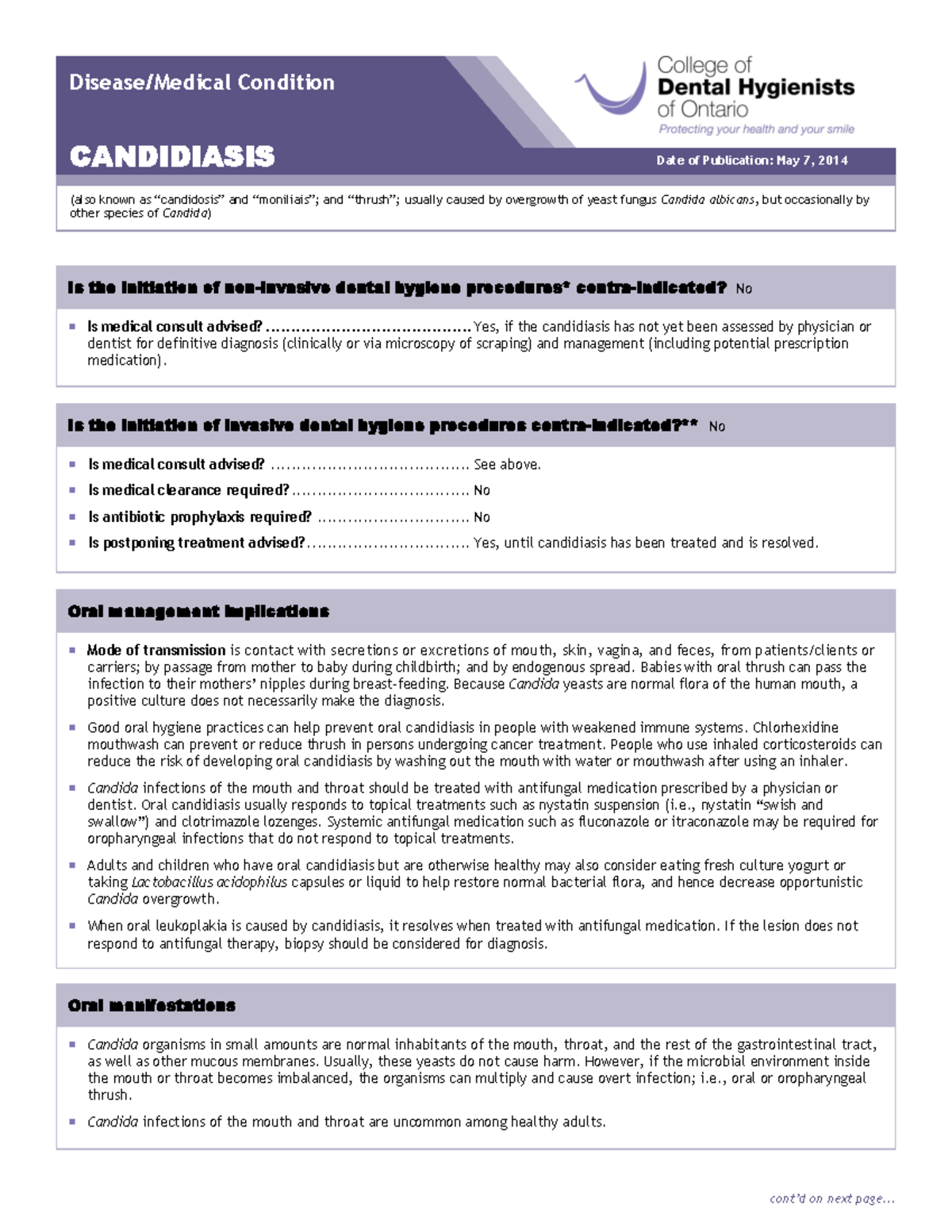 CDHO Factsheet: Understanding Oral Candidiasis (Thrush) - Studocu