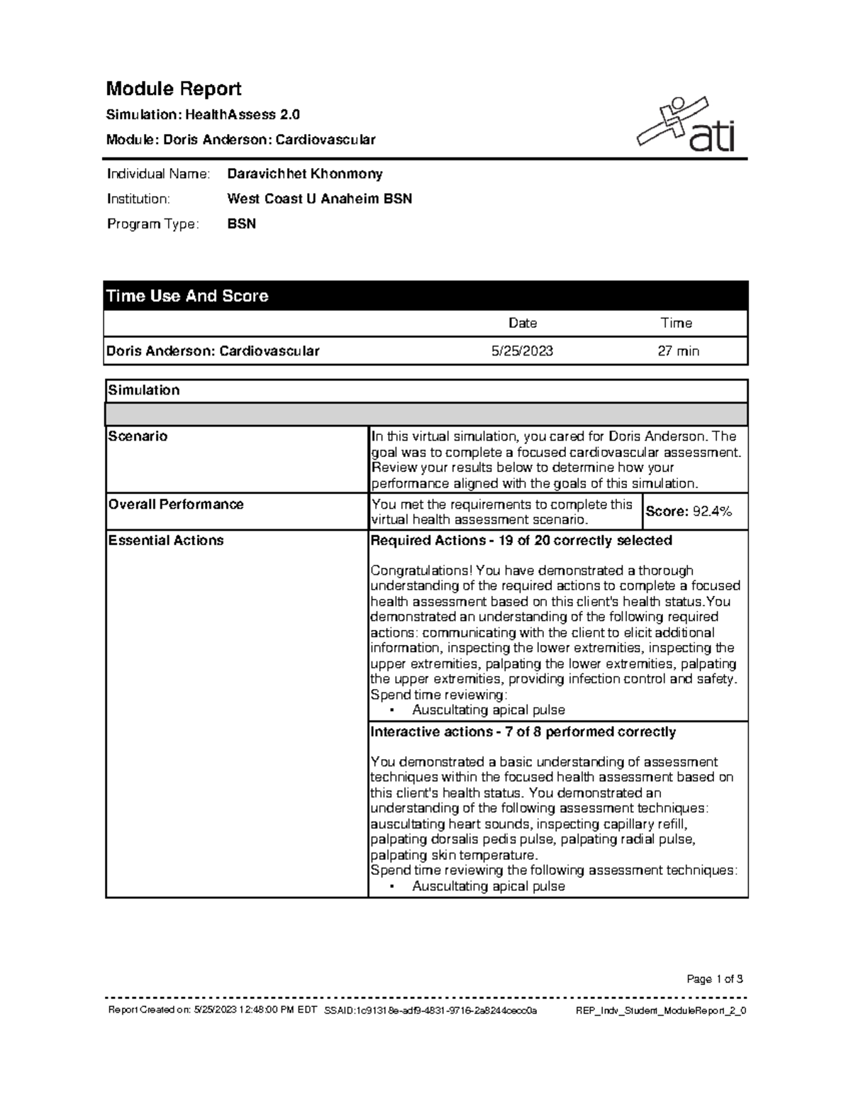 Cardio Assessment Report: Doris Anderson Case Study (BSN Module) - Studocu