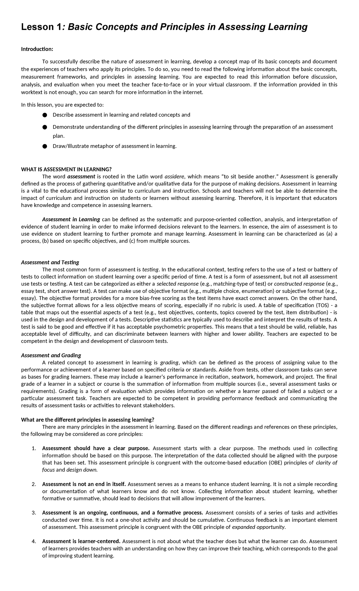 Lesson 1: Basic Concepts & Principles in Assessing Learning - Studocu