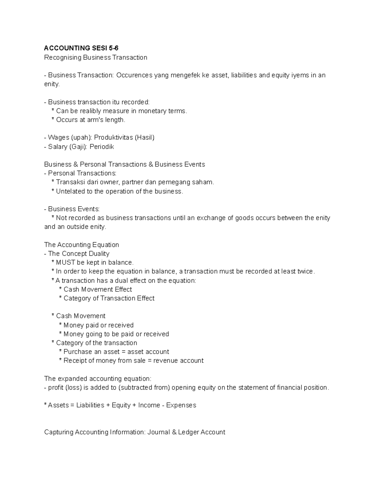 Accounting Lecture Notes: Business Transactions & Journal Entries SESI ...