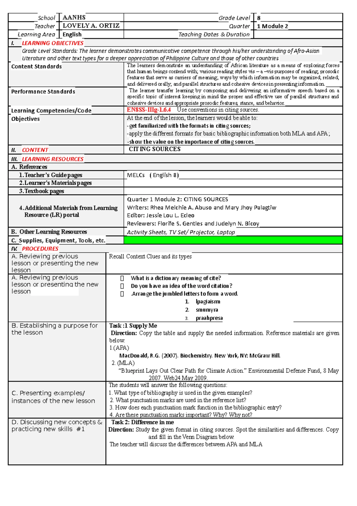 WEEK 6 LESSON LOG FOR GRADE 10 ESP 10 - QUARTER 1 - Studocu