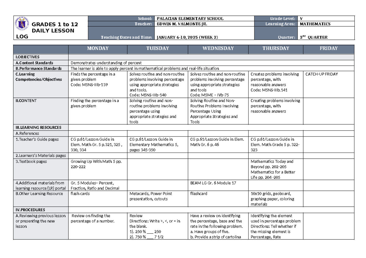 Daily Log Lesson Mathematics 5 Q3 W2 - weekly lesson plan - GRADES 1 to 12 DAILY LESSON LOG ...