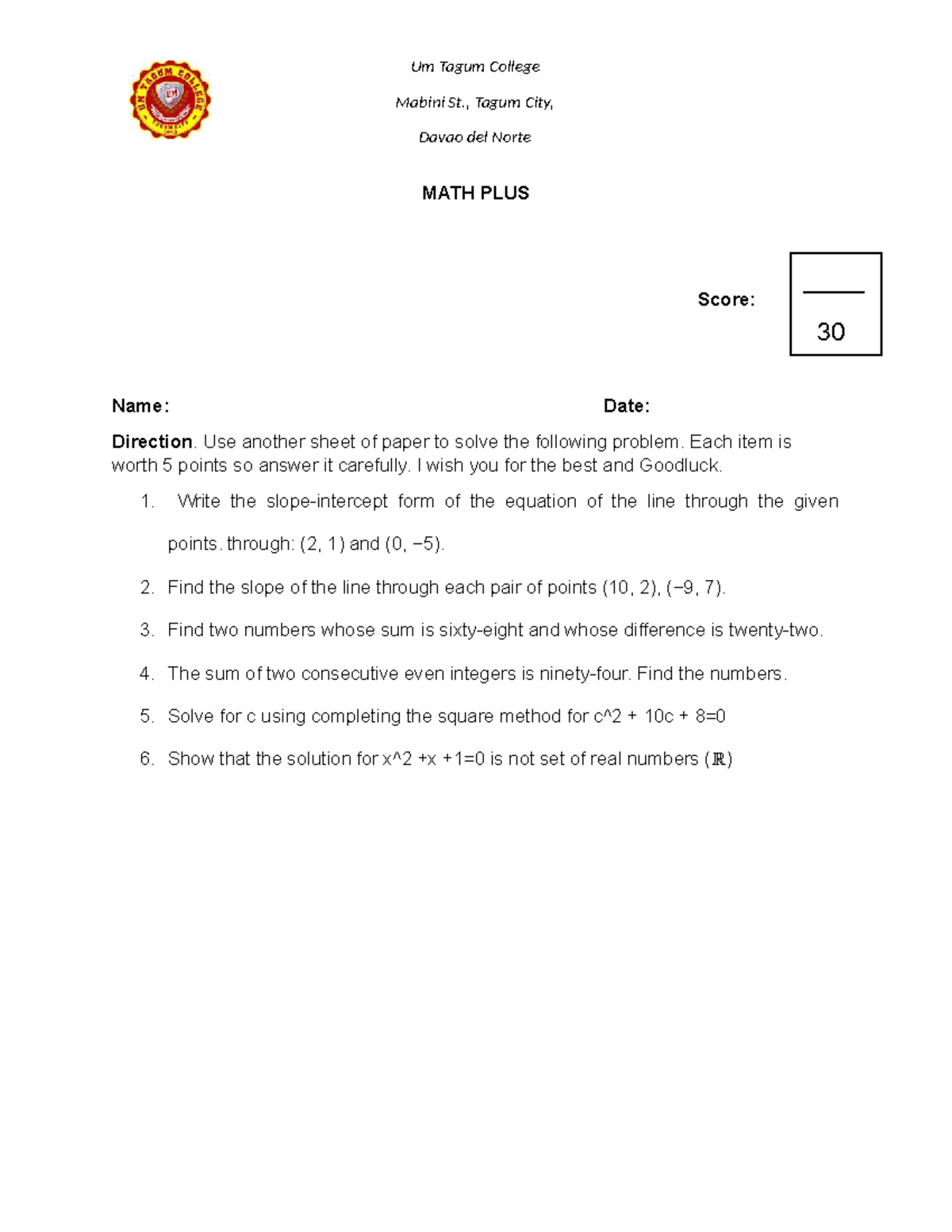 MATH PLUS Quiz: Problem Solving and Equations - Studocu