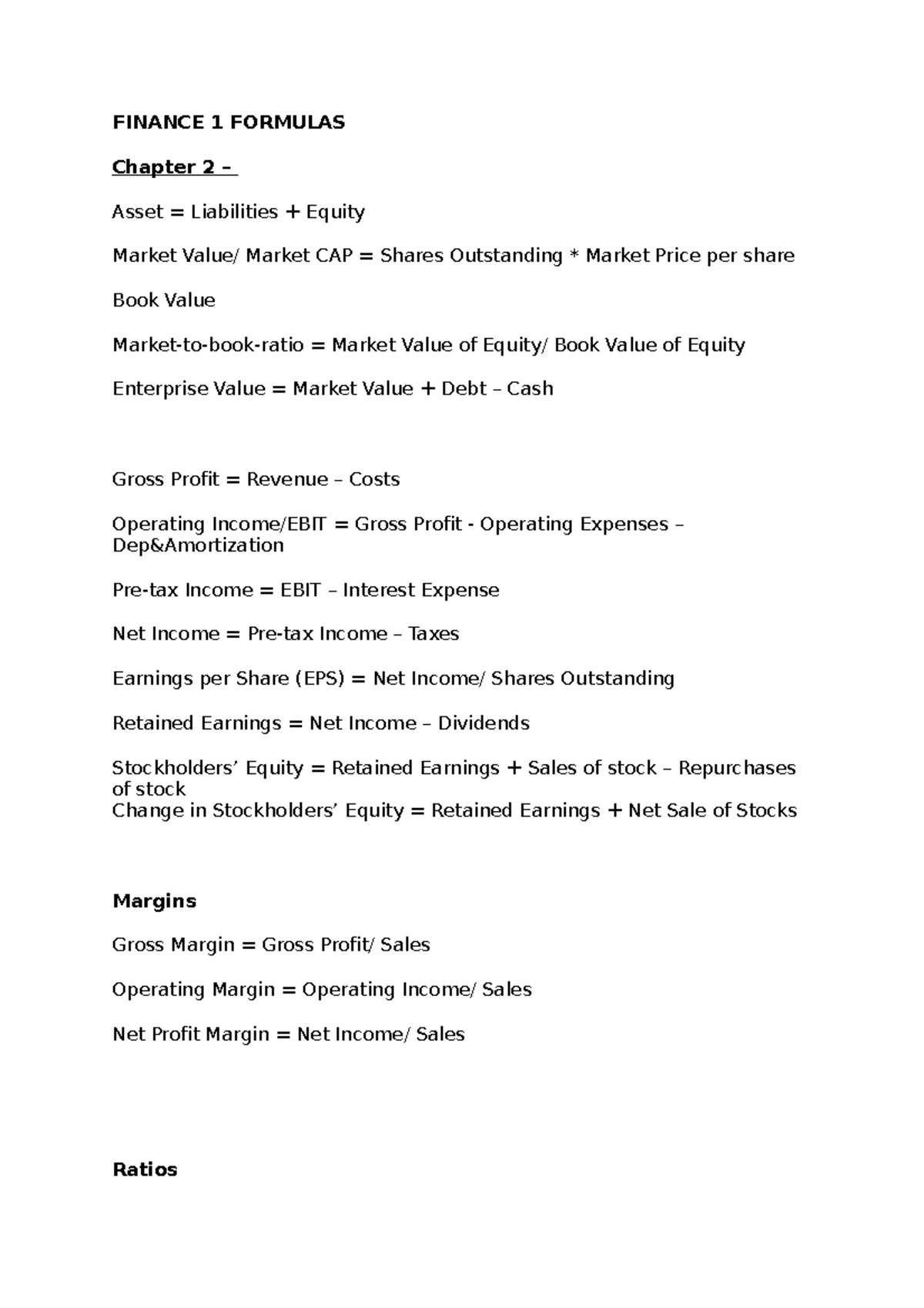 Finance 1: Essential Formulas and Ratios for Understanding - Studeersnel