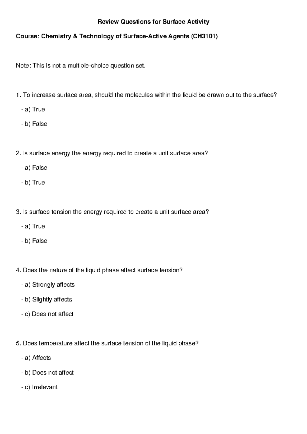 Surface Activity Questions - Review Questions for Surface Activity ...
