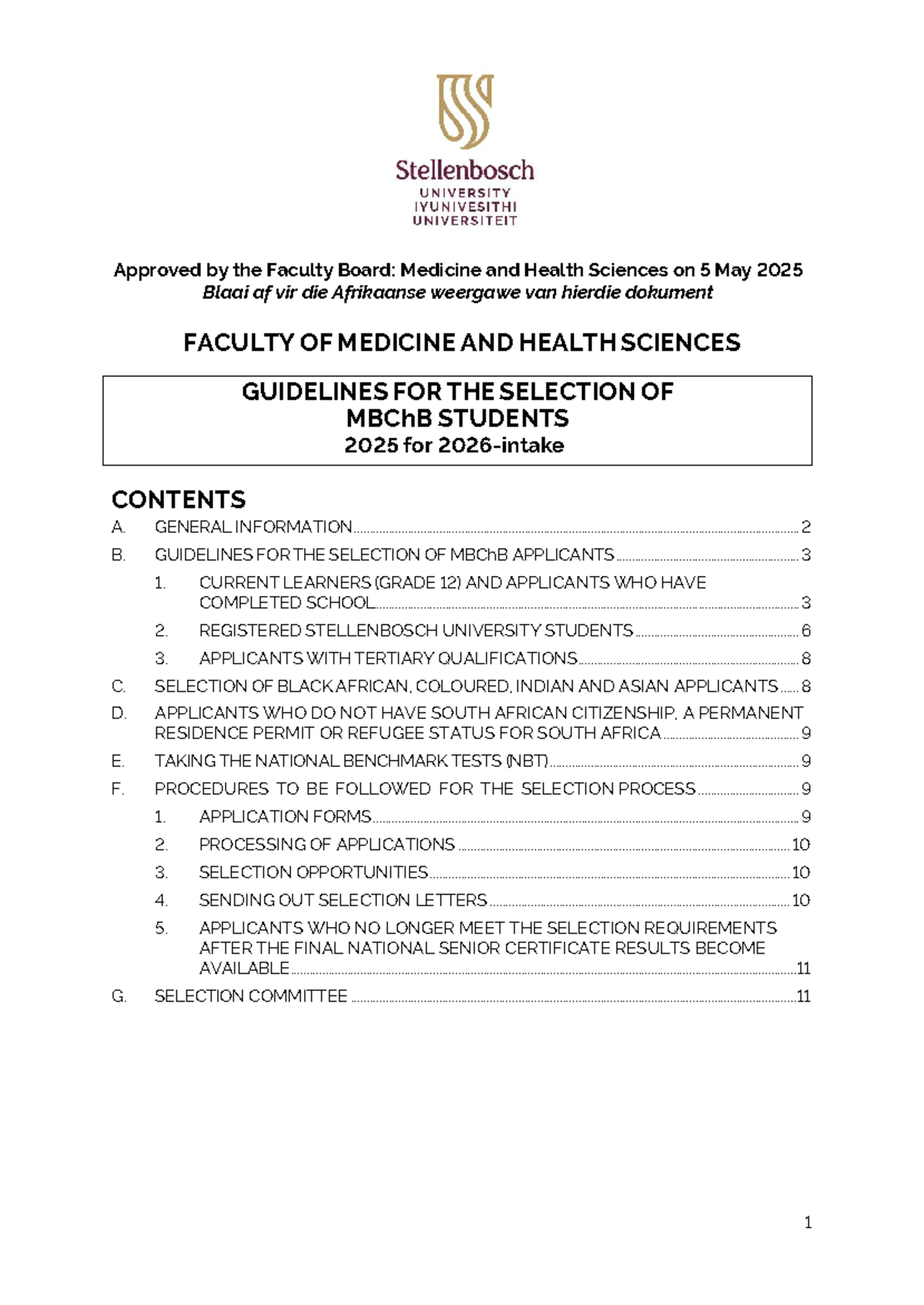 Guidelines for MBChB Student Selection 2025 - Faculty of Medicine and ...