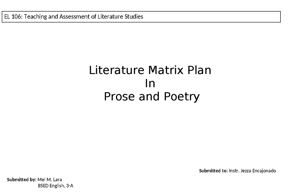 EL 106 Literature Matrix Plan for Grades 7 and 8: Prose & Poetry ...