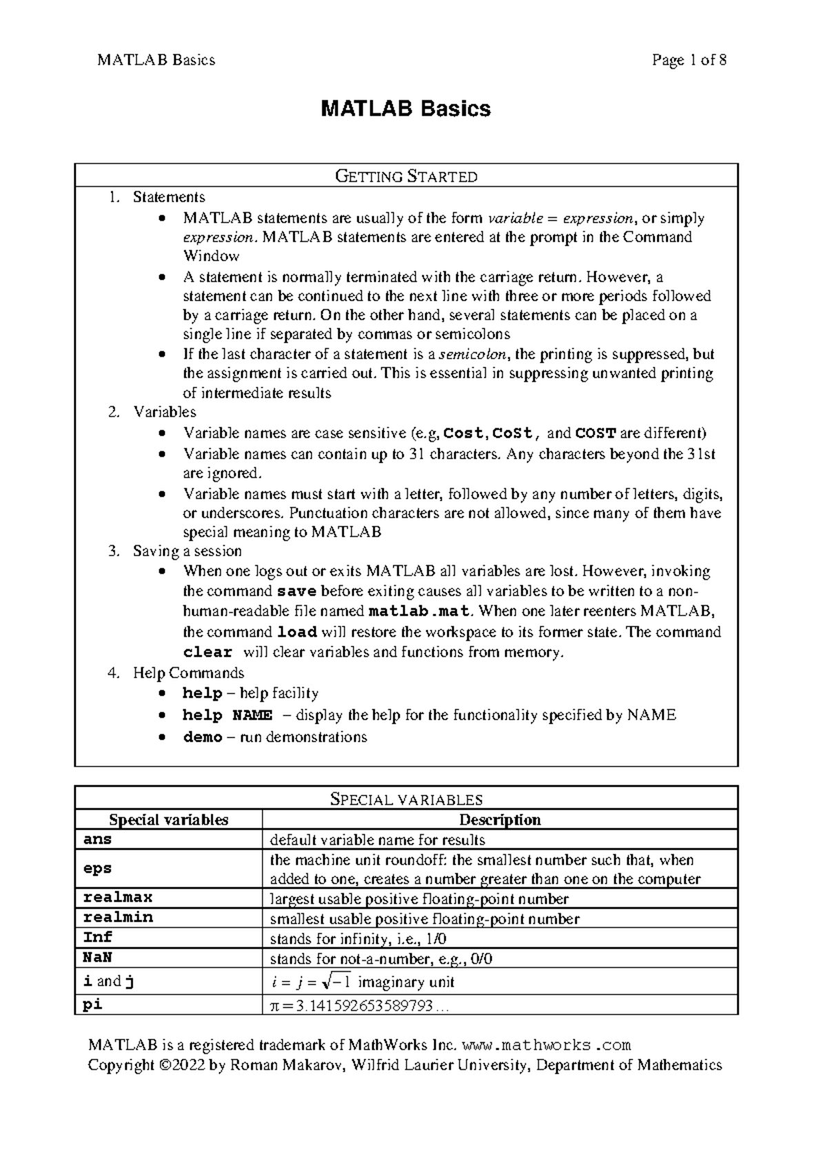 MAT 101: MATLAB Basics - Essential Commands and Functions Guide - Studocu