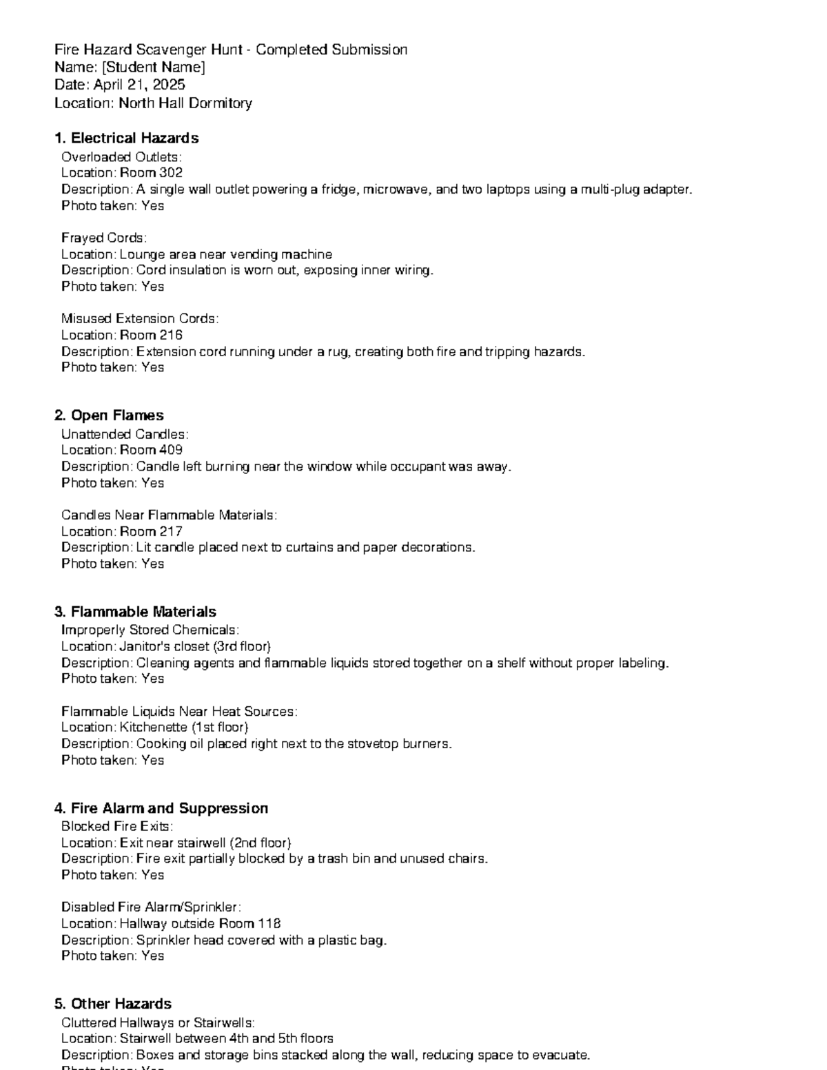 Fire Hazard Scavenger Hunt Submission - North Hall Dormitory - Studocu