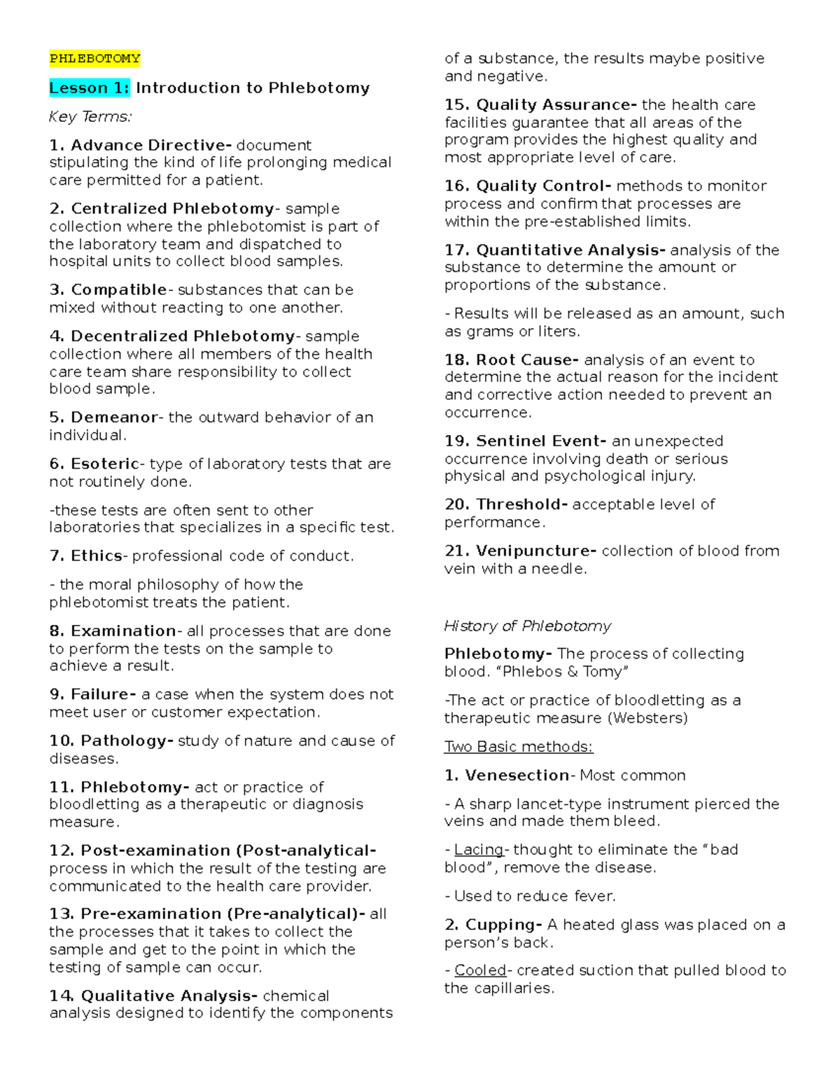 Phlebo - PMLS LEC - PHLEBOTOMY Lesson 1: Introduction to Phlebotomy Key ...