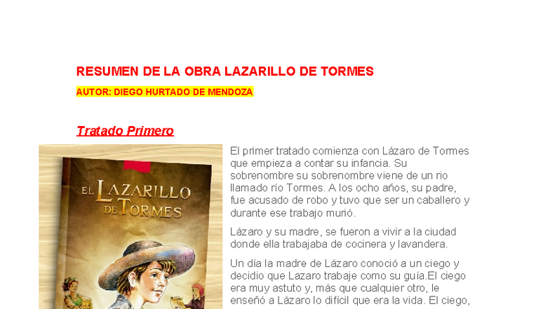 Resumen de la Obra Lazarillo de Tormes - Tratados 1 a 5 - Studocu