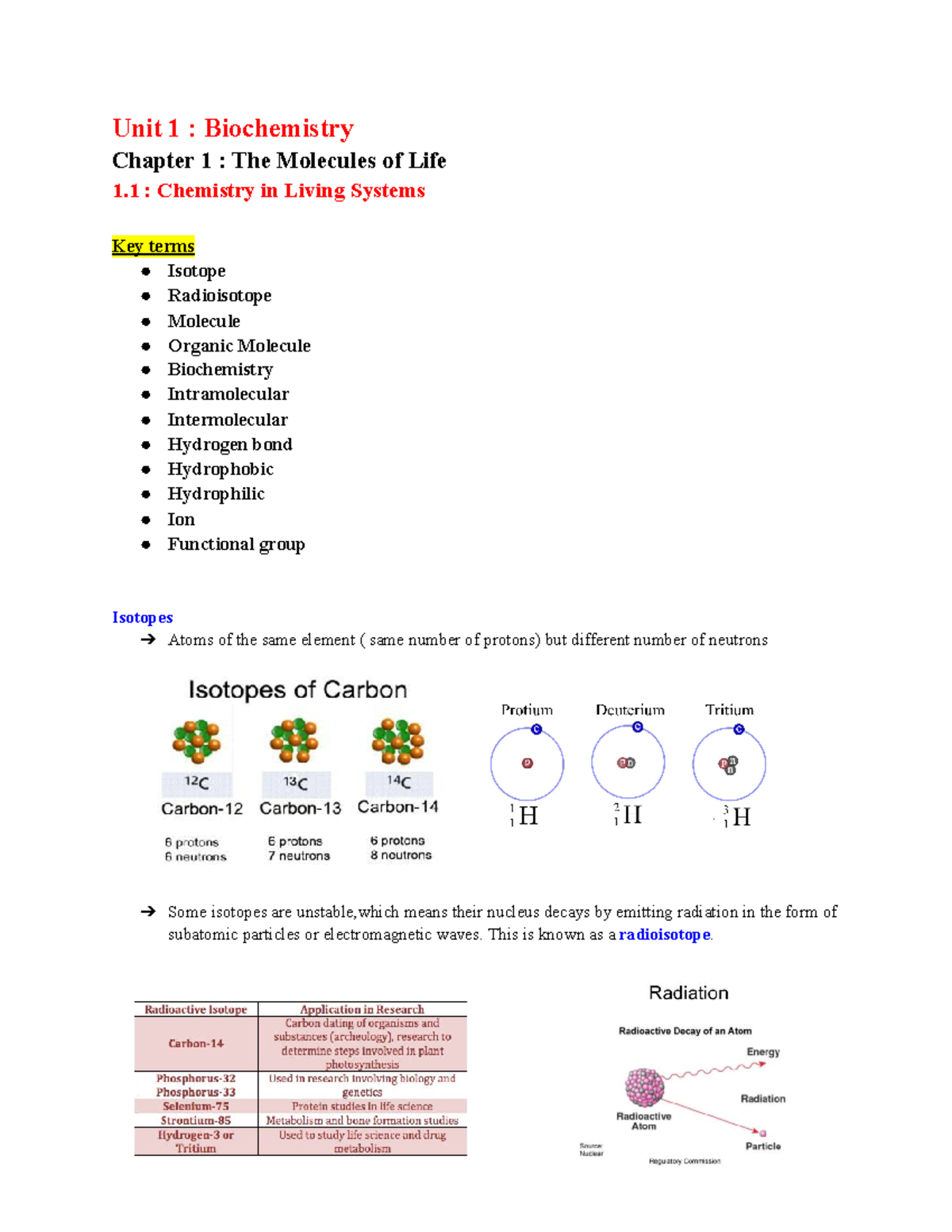 Grade 12 Biology Unit 1: Biochemistry and Molecular Interactions - Studocu