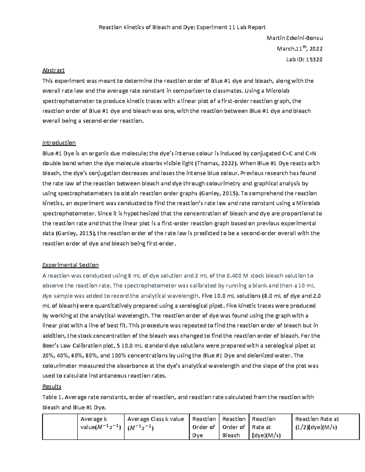 Experiment 11 Lab Report for CHEM 123 - Reaction Kinetics of Bleach and ...
