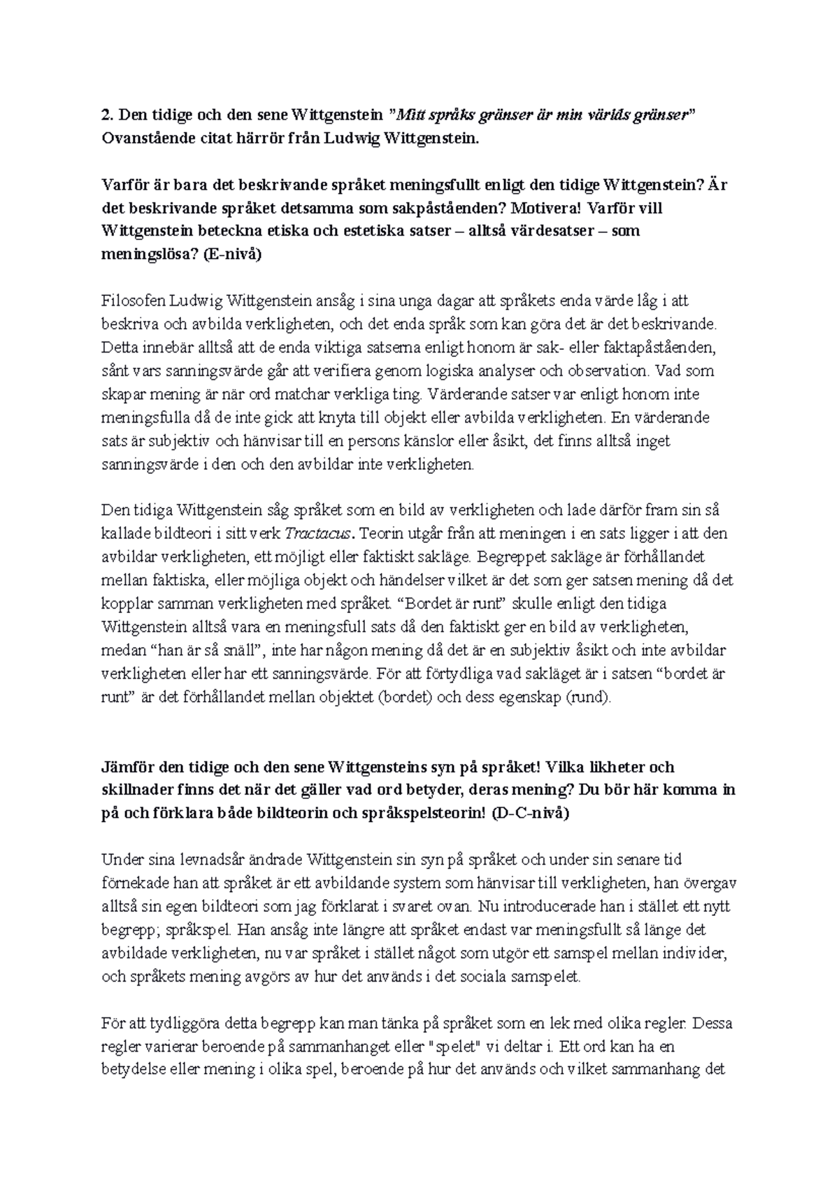 Filosofi 1: Jämförelse mellan Tidig och Sen Wittgenstein - Studocu