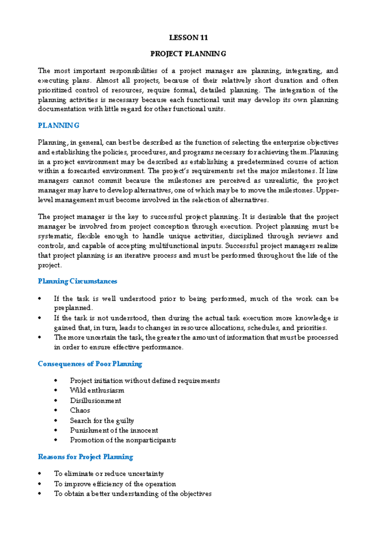 PM Lesson 11 - Project Planning Overview and Key Concepts - Studocu