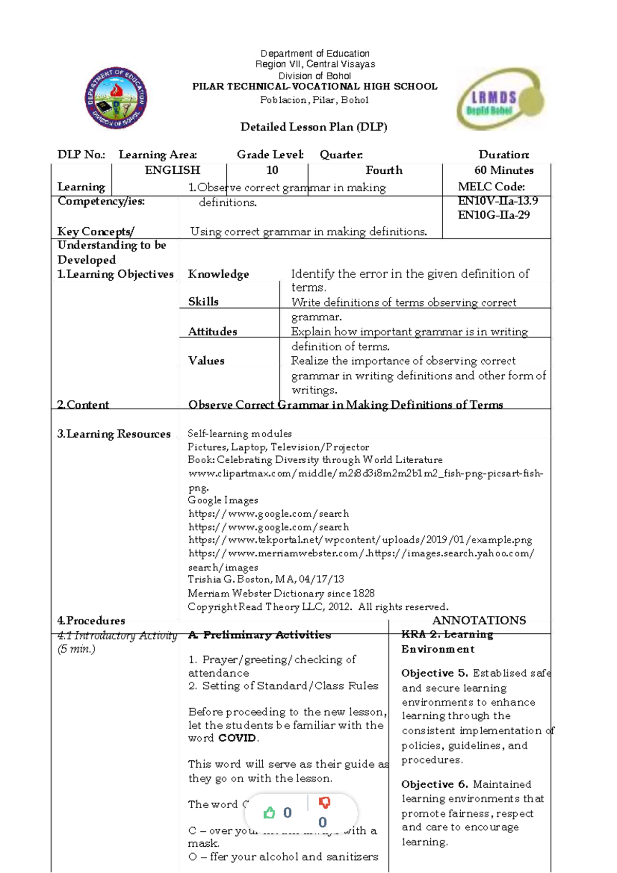 Detailed Lesson Plan (DLP) for English 10: Observing Correct Grammar ...