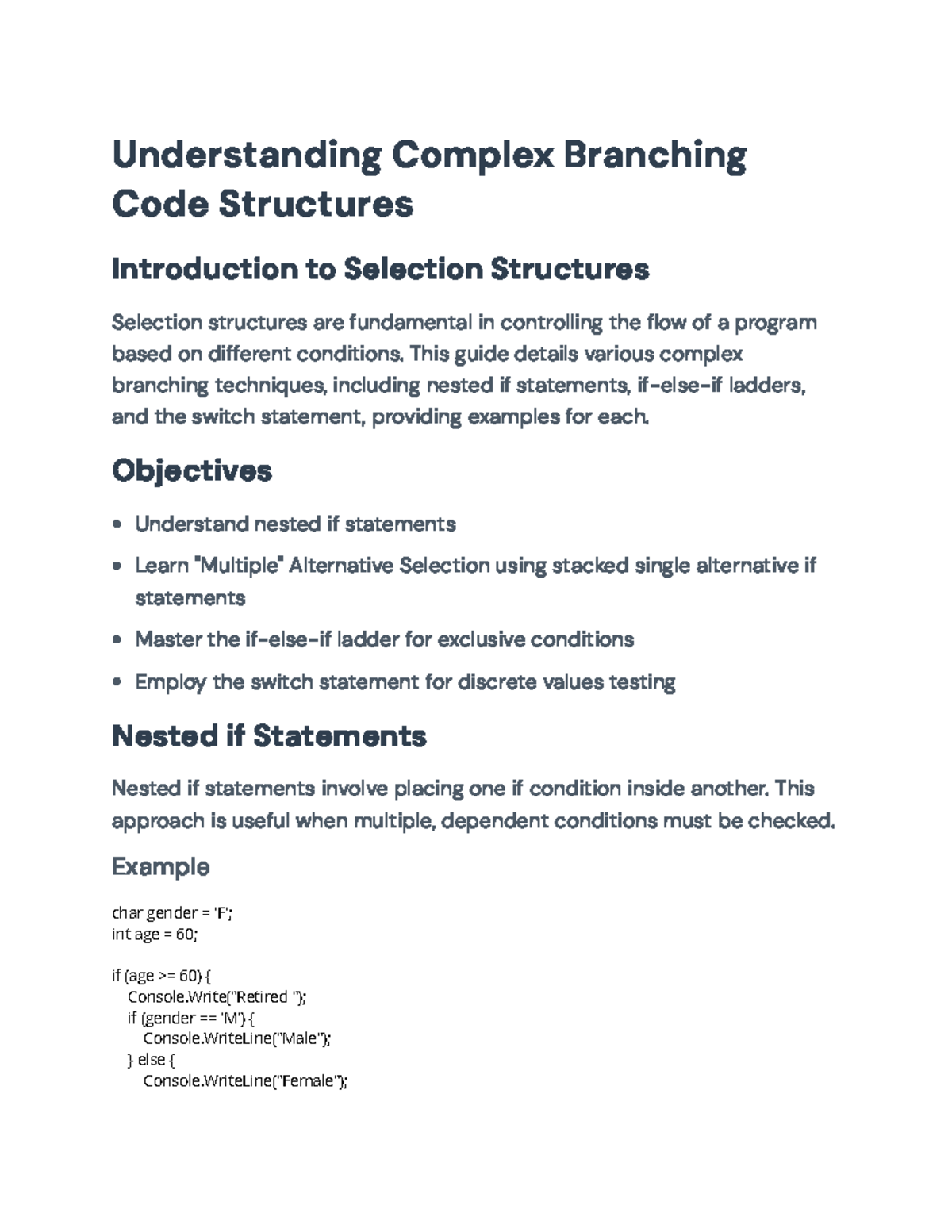 Understanding Complex Branching in Code Structures: Selection ...