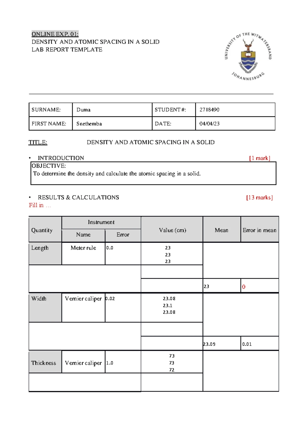Exp 01 density and atomic spacing - ONLINE EXP. 01: DENSITY AND ATOMIC ...