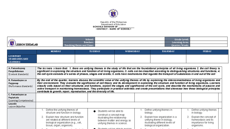 WEEK 1 - Lesson Exemplar on Unifying Themes in Biology (Grade Level ...