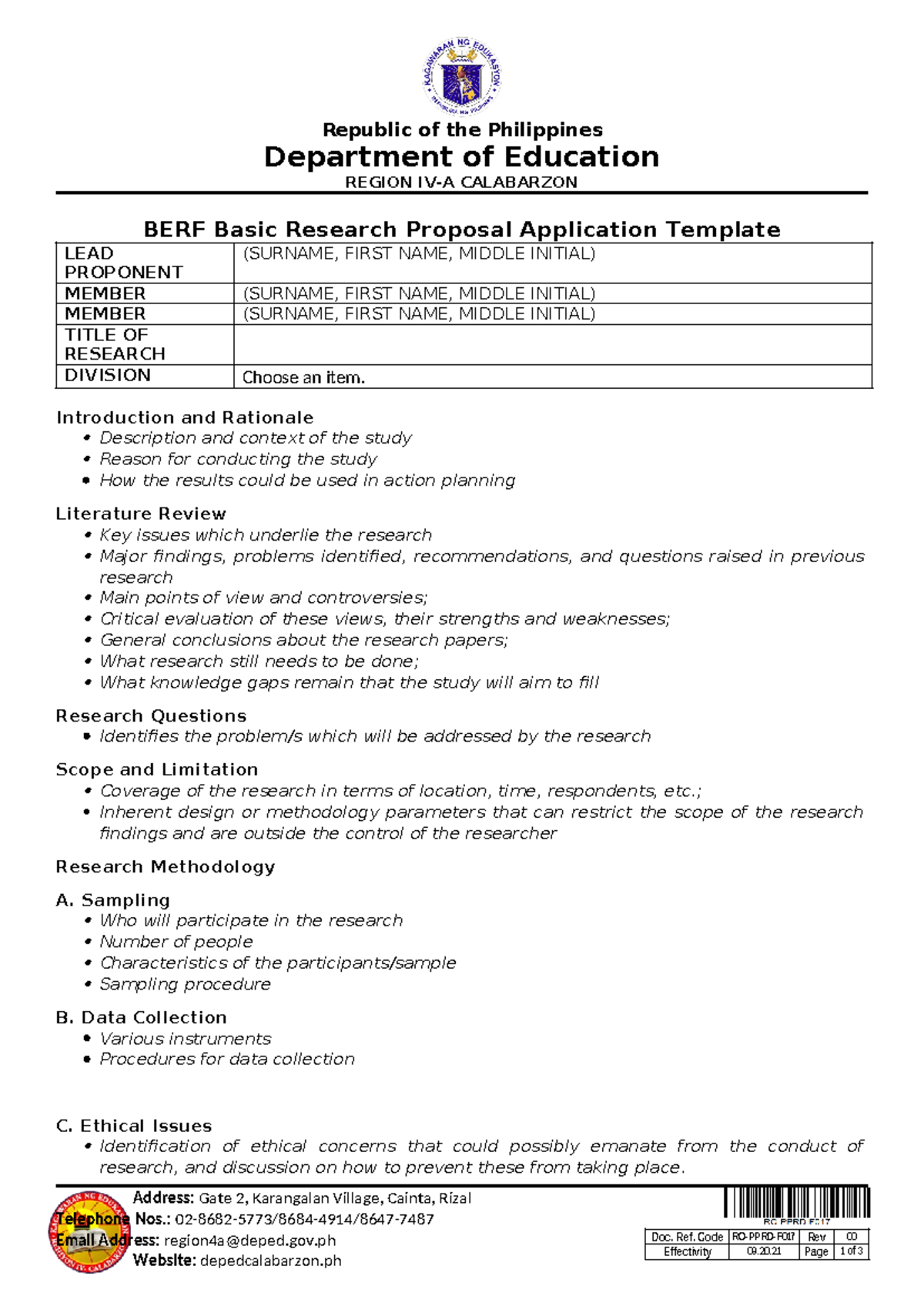 Basic Research Proposal Template - RO-PPRD-F017 Rev 00 - Studocu