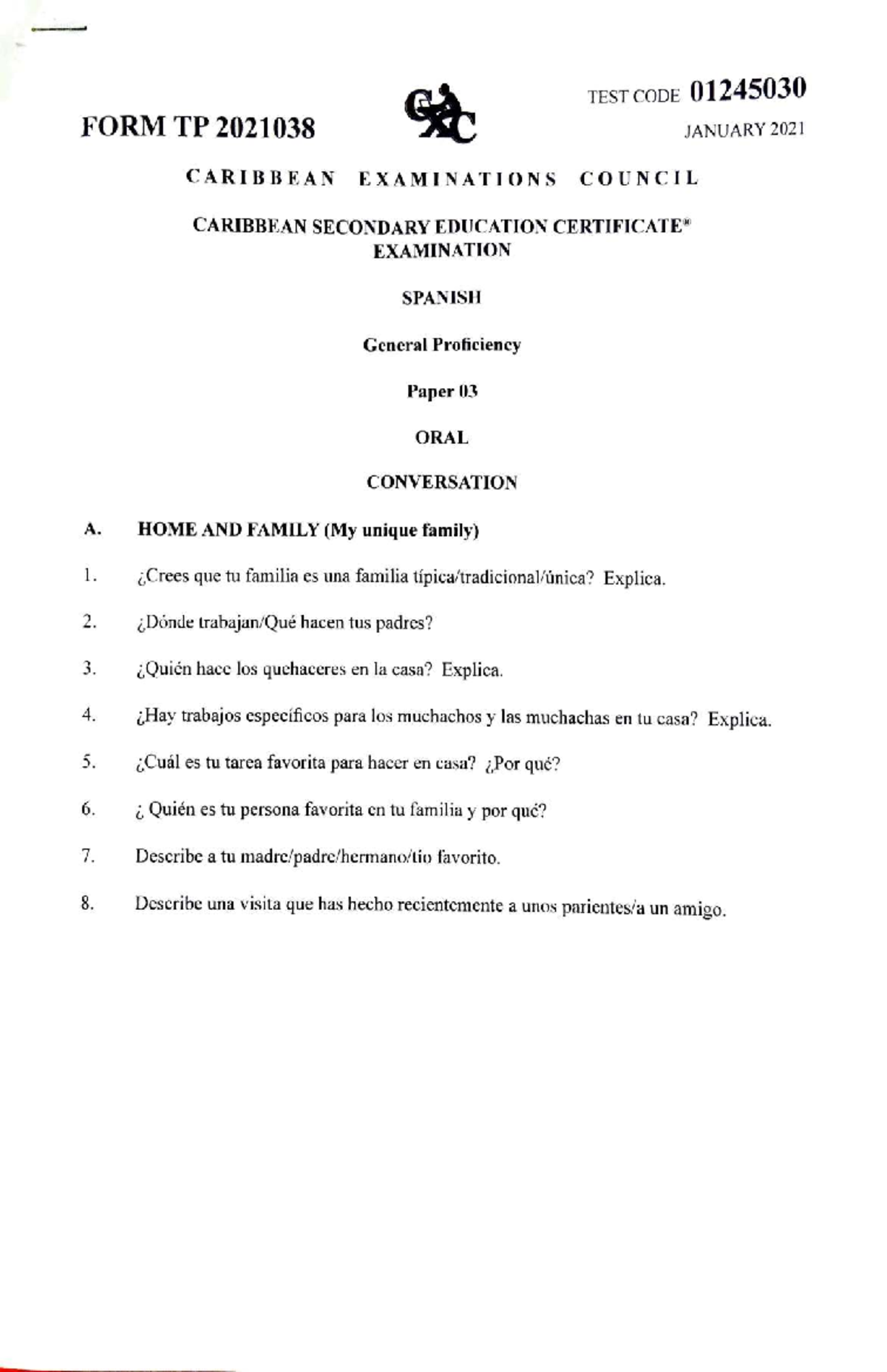 CSEC Spanish Jan 2021 Oral Examination Questions and Topics - Studocu