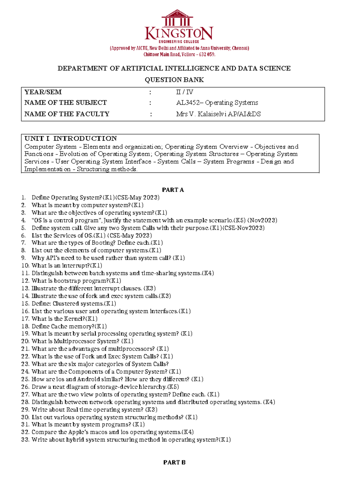 AL3452 OS QB - Comprehensive Operating Systems Question Bank - Studocu