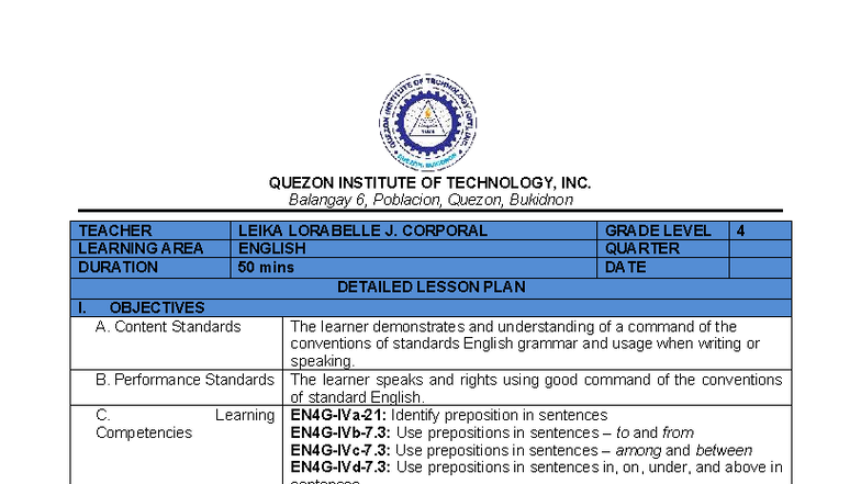 Detailed Lesson Plan on Prepositions for Grade 4 - ENGLISH 101 - Studocu