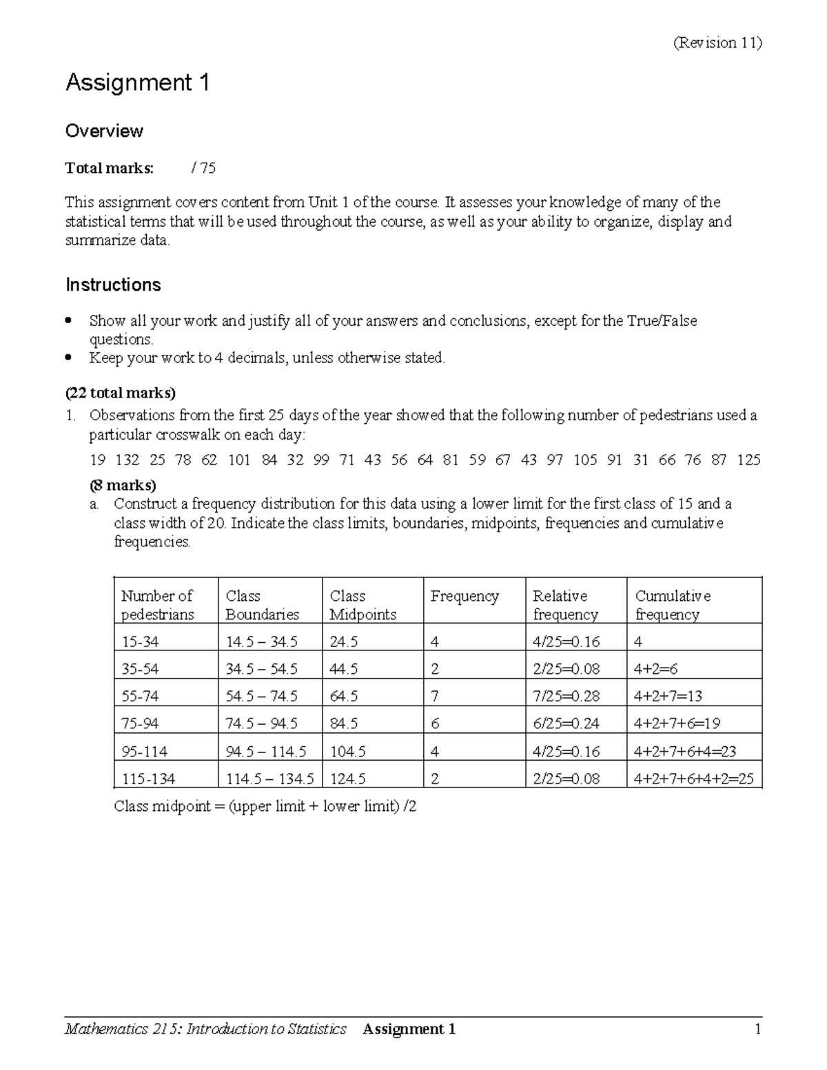 MATH215: Assignment 1 Overview and Statistical Analysis - Studocu