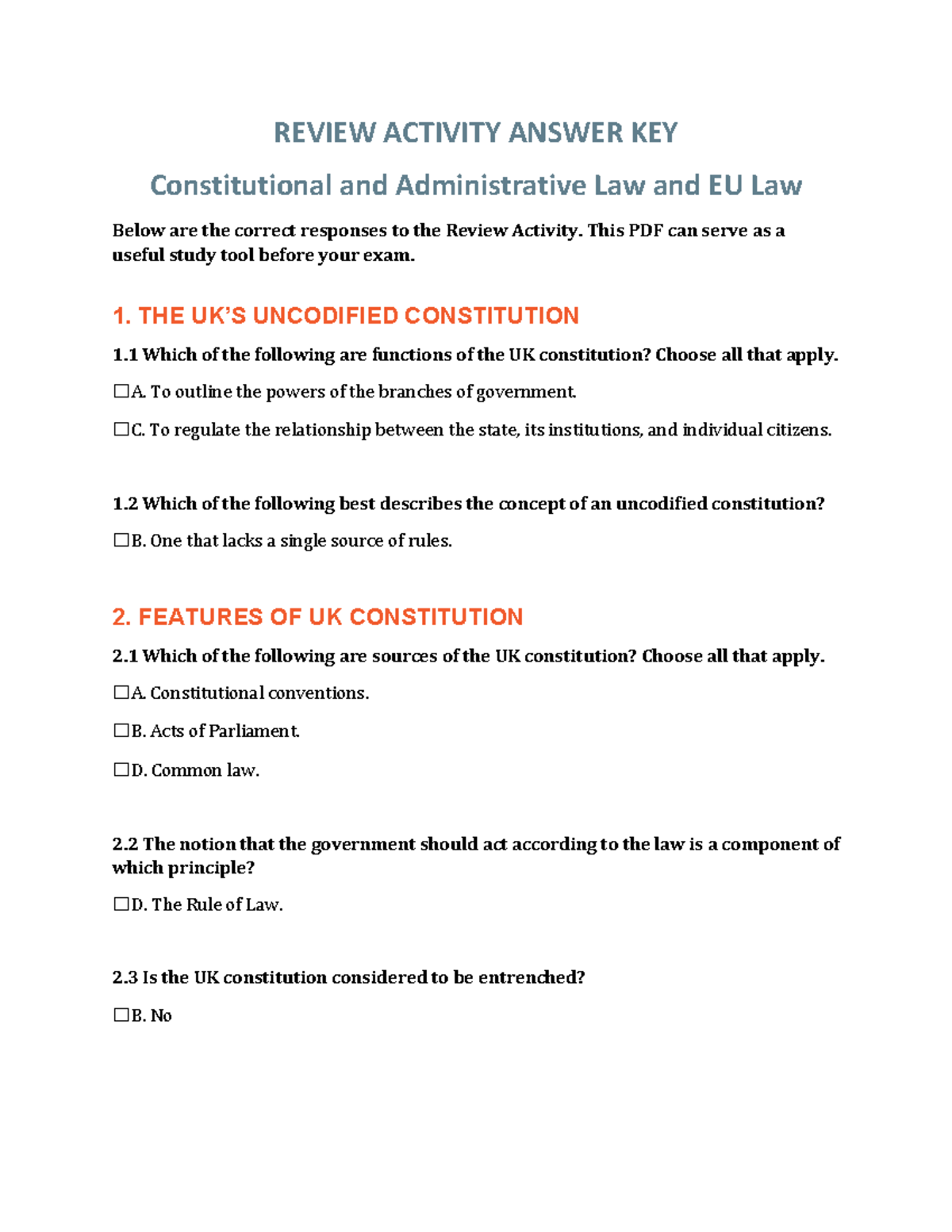 REVIEW ACTIVITY ANSWER KEY: Constitutional & Admin Law (EU Law) - Studocu
