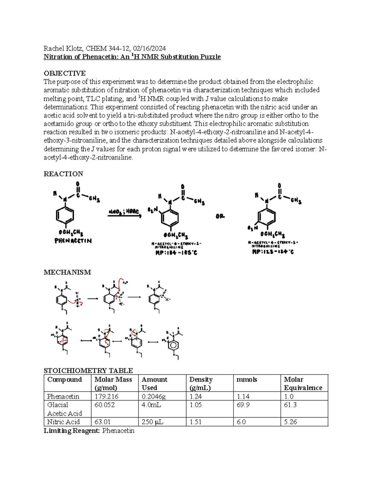 CHEM 344-12 Experiment 5: Nitration of Phenacetin Lab Report - Studocu
