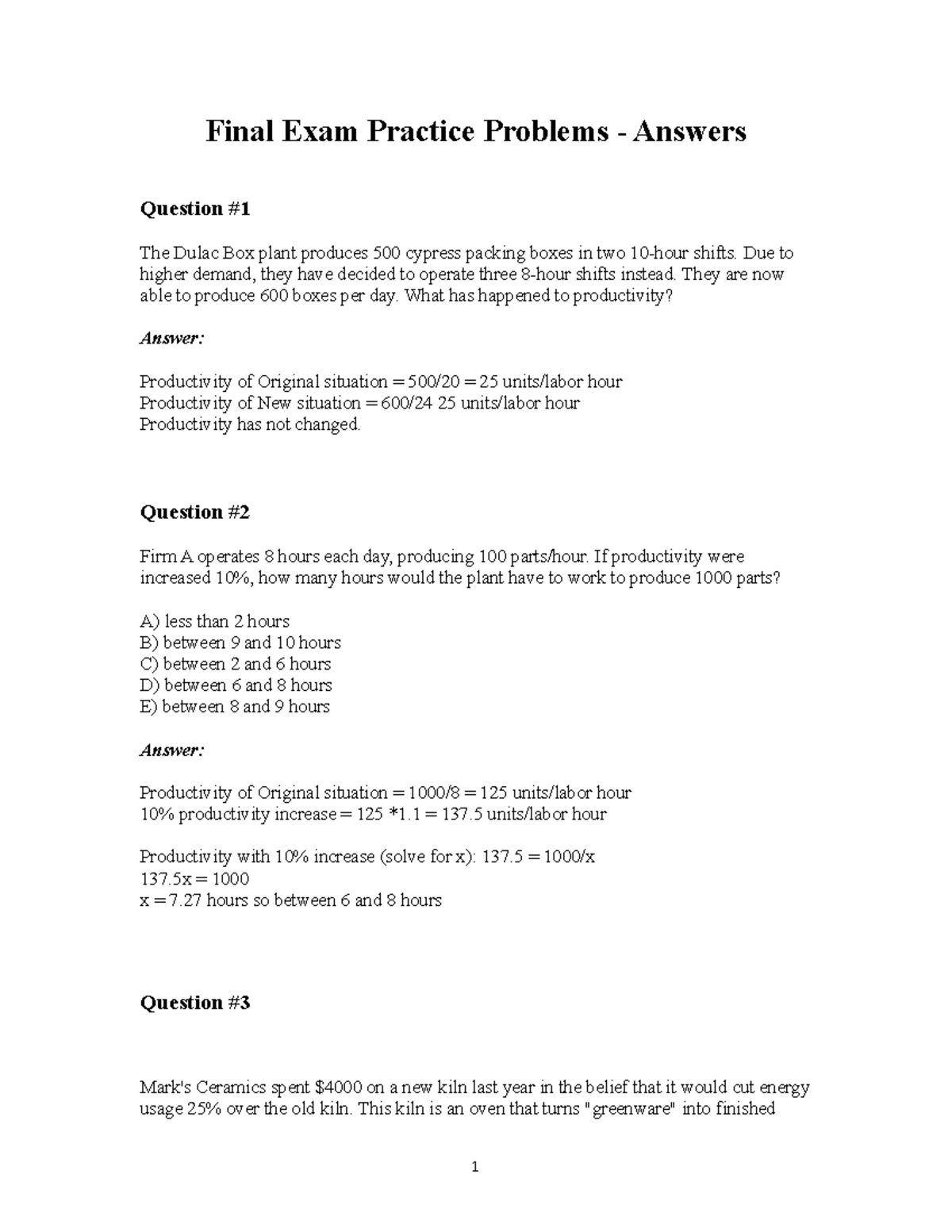Final Exam Practice Problems - Solutions and Analysis - Studocu