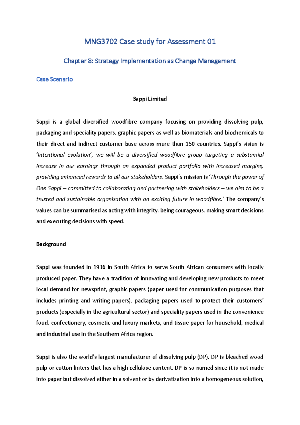 MNG3702 Case Study Analysis: Strategy Implementation at Sappi Limited ...