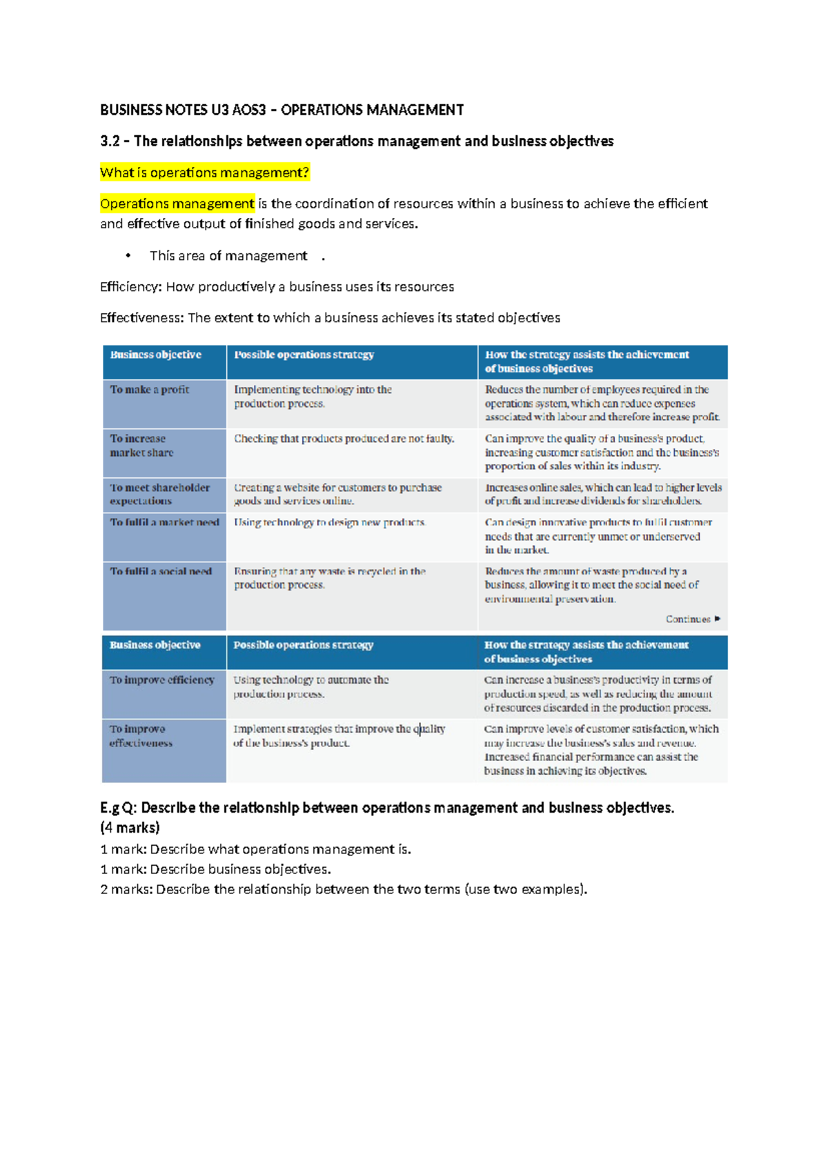 Business Notes U3 AOS3: Understanding Operations Management Concepts ...