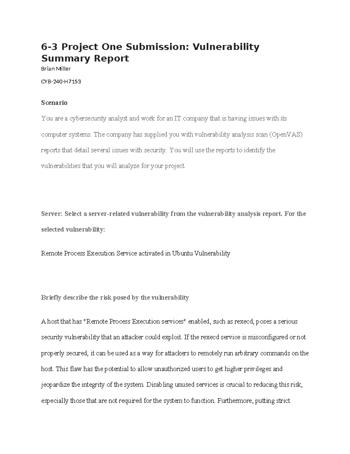 Vulnerability Summary Report for CYB-240-H Project 6-3 by Brian Miller ...
