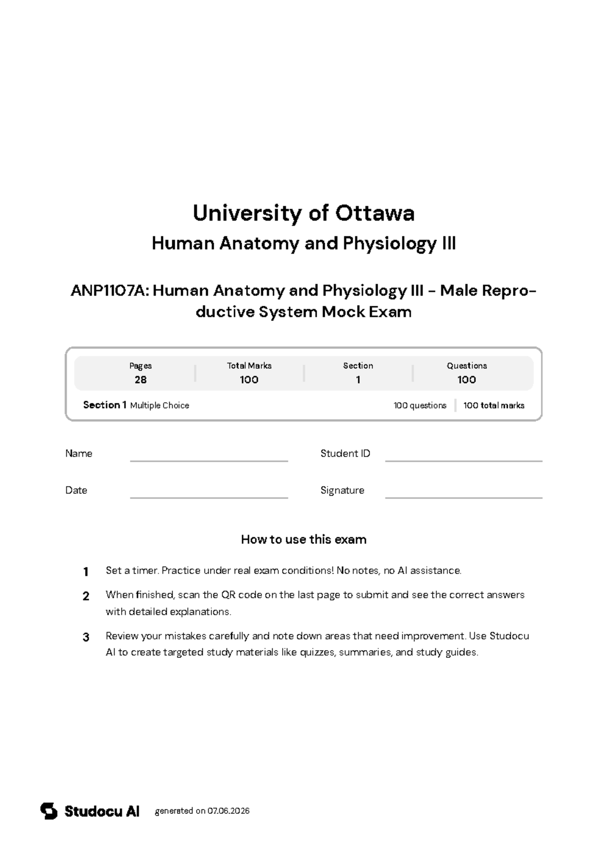 ANP1107A: Male Reproductive System Mock Exam - Studocu