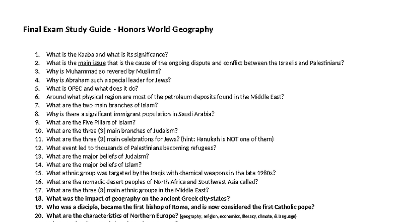 Final Exam Study Guide: Honors World Geography (HGE) - Studocu