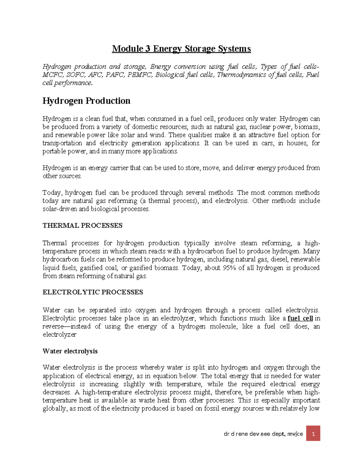 ESS Module 3 Notes: Hydrogen Production, Fuel Cells & Storage Systems ...