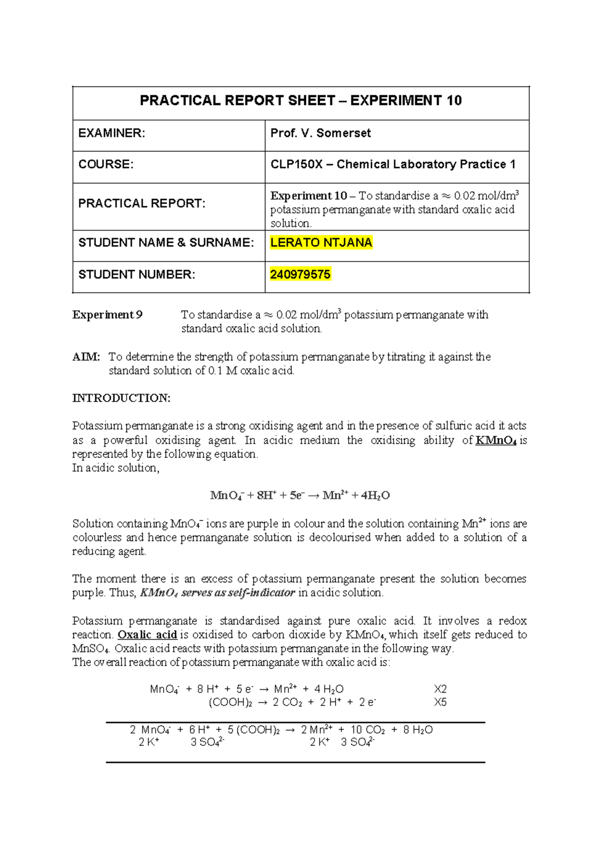 Titration Practical Report: CLP150X Experiment 10 Analysis - Studocu