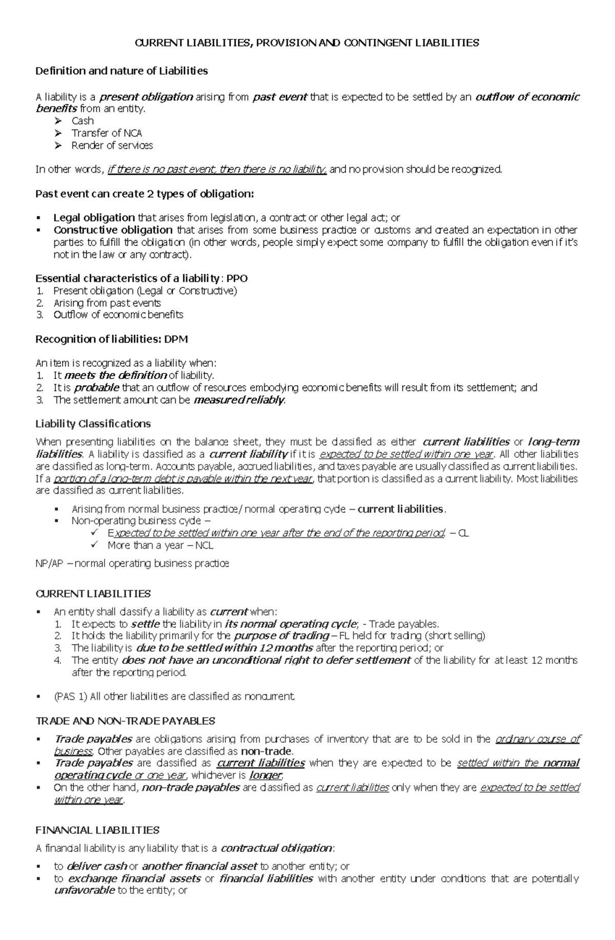 Liablities Review Notes - CURRENT LIABILITIES, PROVISION AND CONTINGENT ...