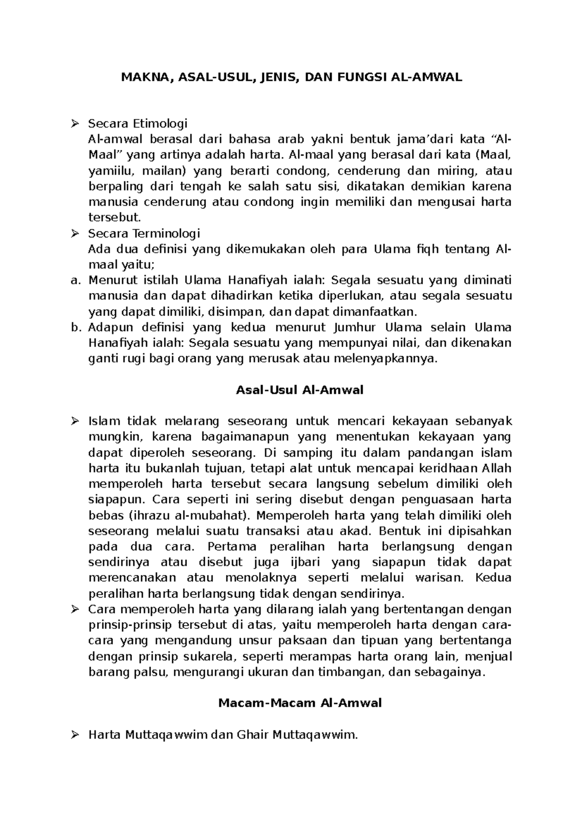 Pengertian, Jenis, dan Fungsi Al-Amwal dalam Islam - Studocu