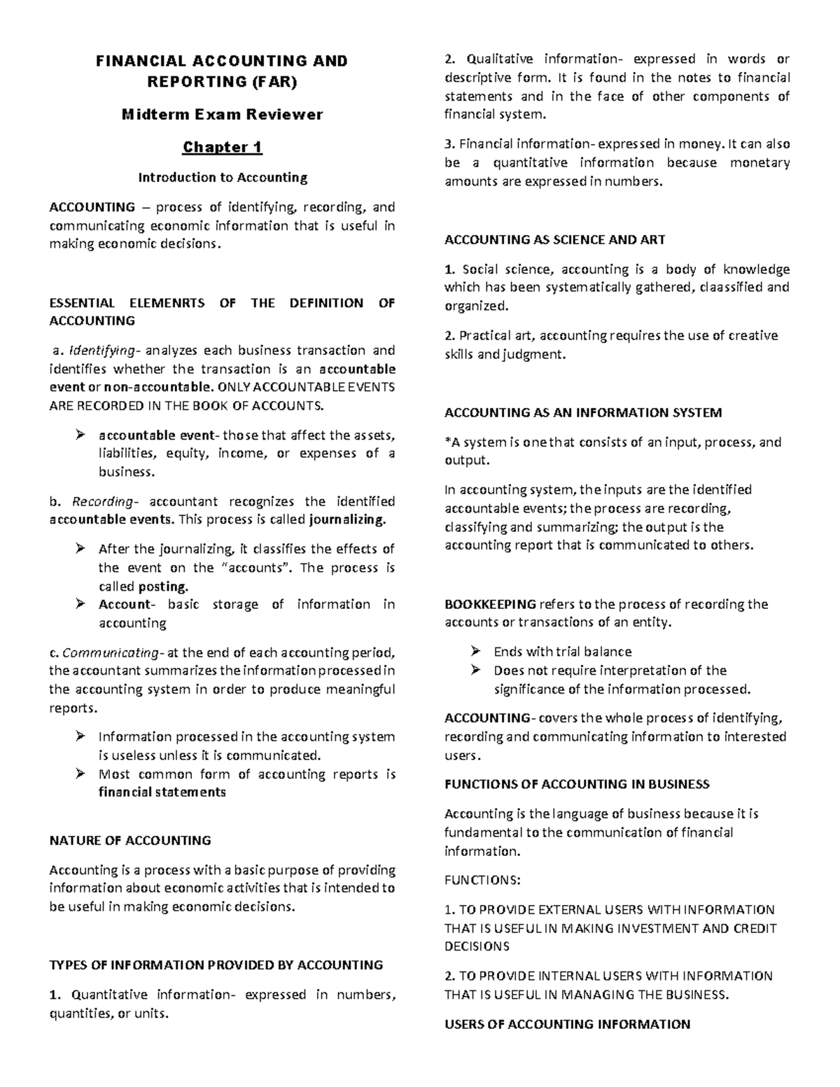 FAR Midterm Exam Reviewer: Key Concepts in Financial Accounting - Studocu