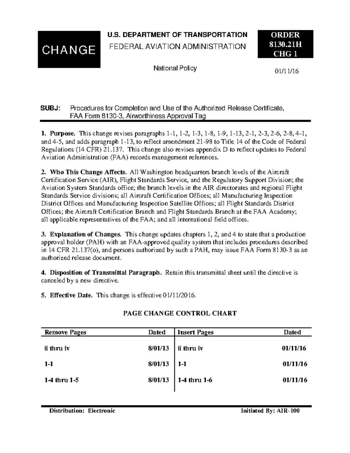 FAA Order 8130.21H CHG 1: Procedures for Authorized Release Certificate ...