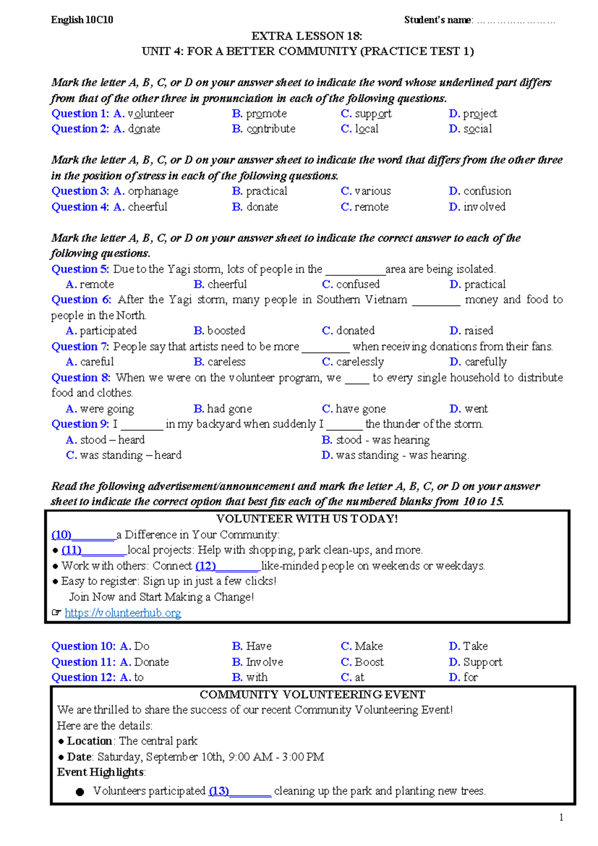 Extra Lesson 18 & 19: UNIT 4 Practice Tests for Community Improvement ...